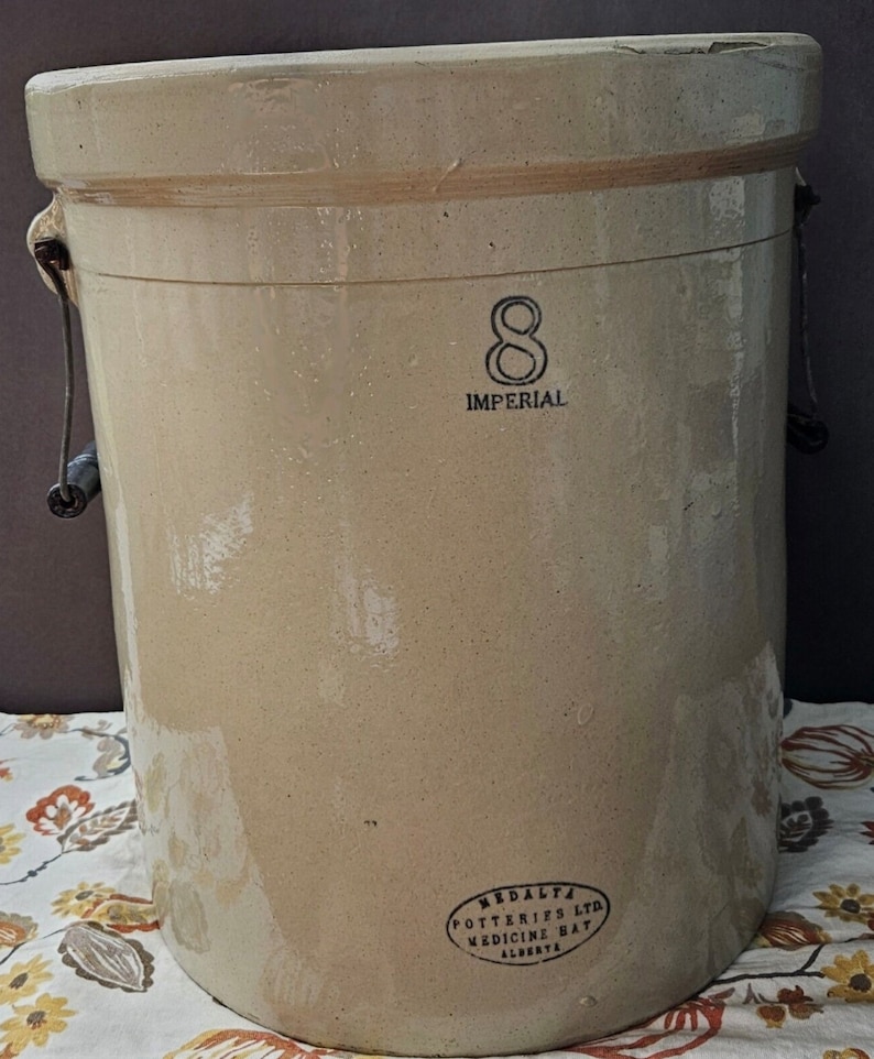 Antique 8 Gallon Stoneware Crock From Medicine Hat Canada With Wood ...
