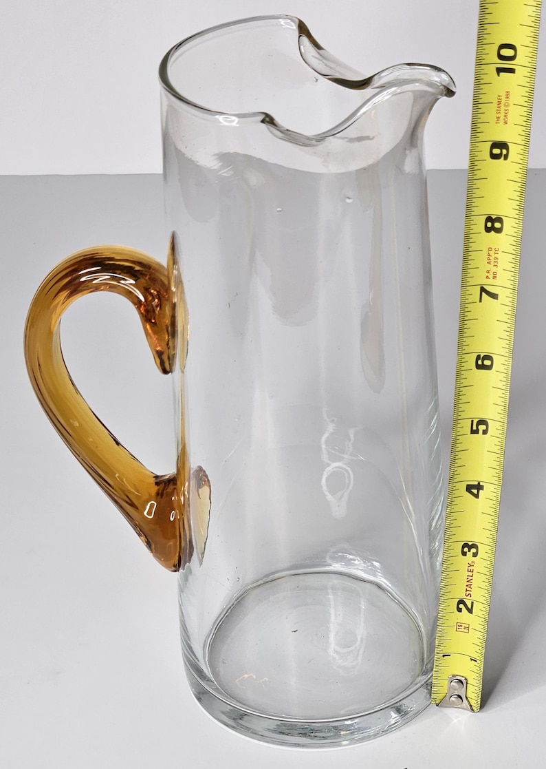 Mid-century Hand Blown Clear Glass Slim Pitcher With Amber Glass Handle ...