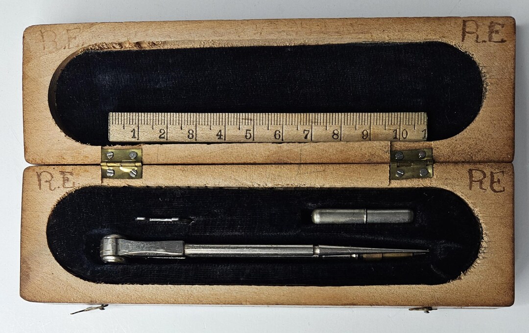 Vintage Metal Drafting Compass in Wood Velvet Lined Case With Latch Closure, Small Ruler, Lead ...
