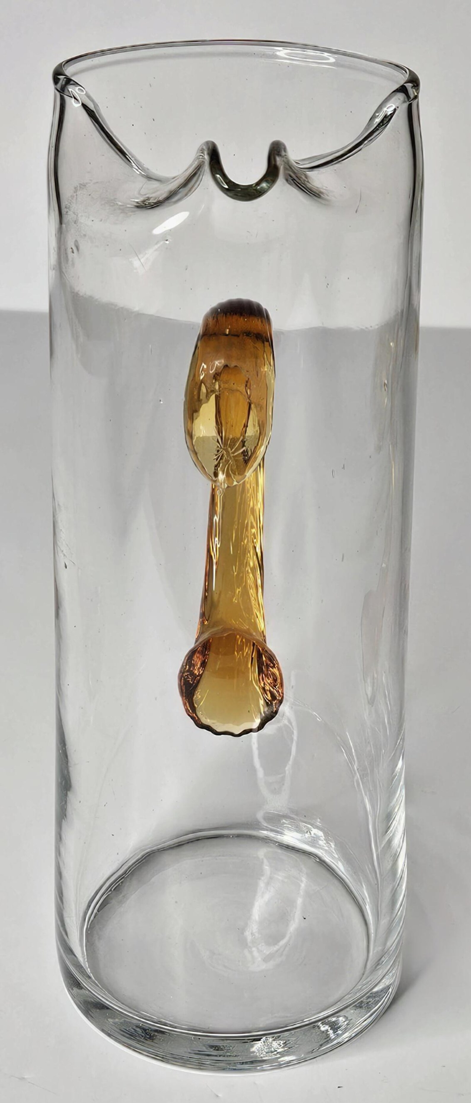 Mid-century Hand Blown Clear Glass Slim Pitcher With Amber Glass Handle ...