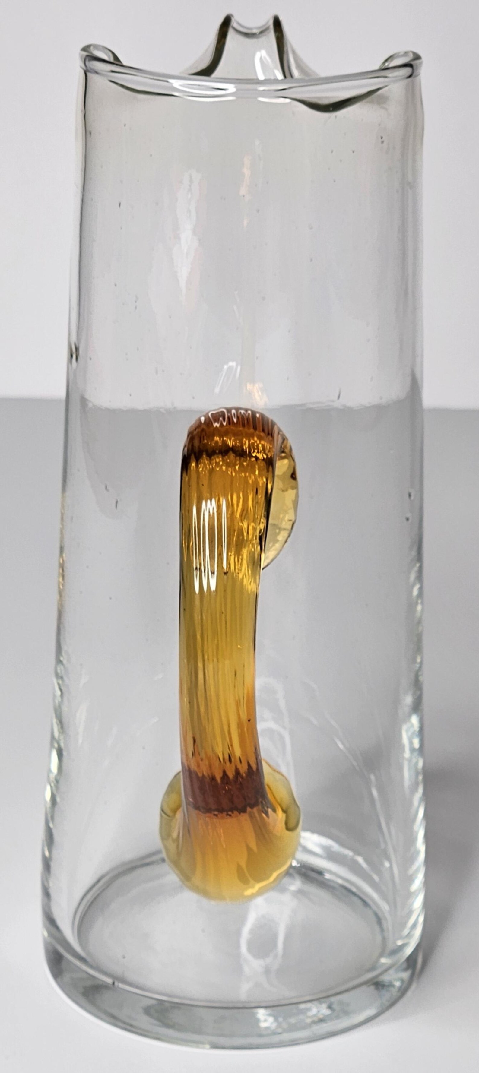 Mid-century Hand Blown Clear Glass Slim Pitcher With Amber Glass Handle ...