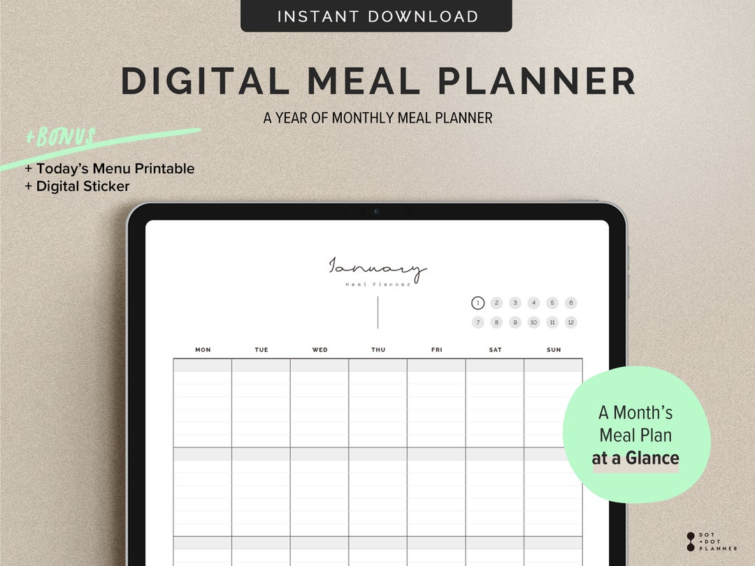 Digital Meal Planner Minimalist, Monthly Meal Planner for a Year ...