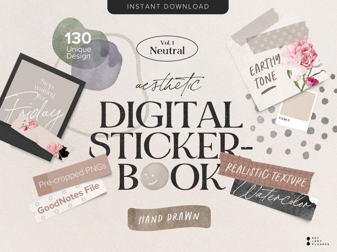 Neutral Digital Sticker Book – Realistic Watercolor Style, 147 Pre ...