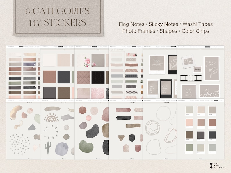 Neutral Digital Sticker Book – Realistic Watercolor Style, 147 Pre ...