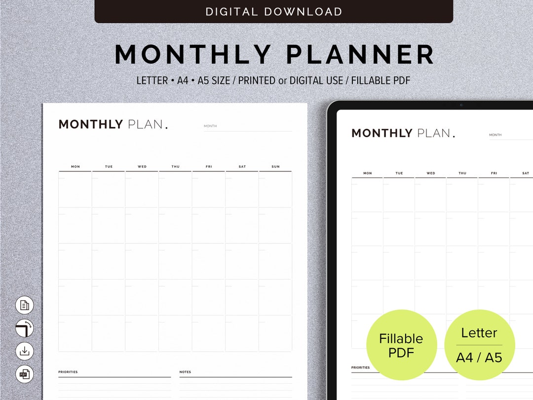 Monthly Planner Printable Minimalist, Digital Planner iPad Monthly ...