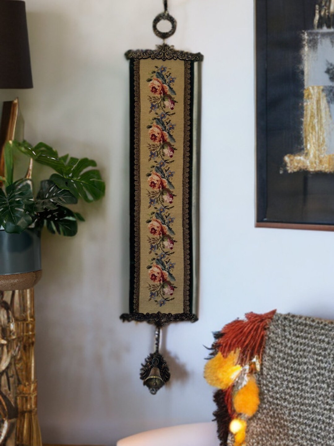 Elegant Bell Pull Brass Hand Embroidered Wall Hanging Vintage Carillon ...