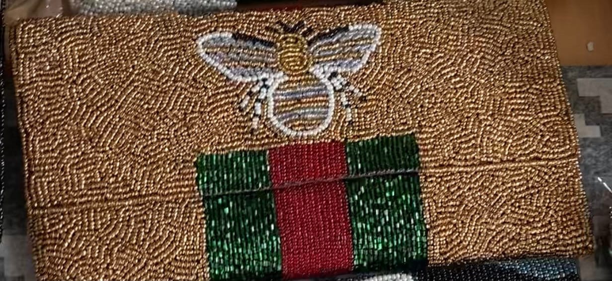 Beaded Clutch With Bee Accent Features Beading on Both Sides. Gold With ...