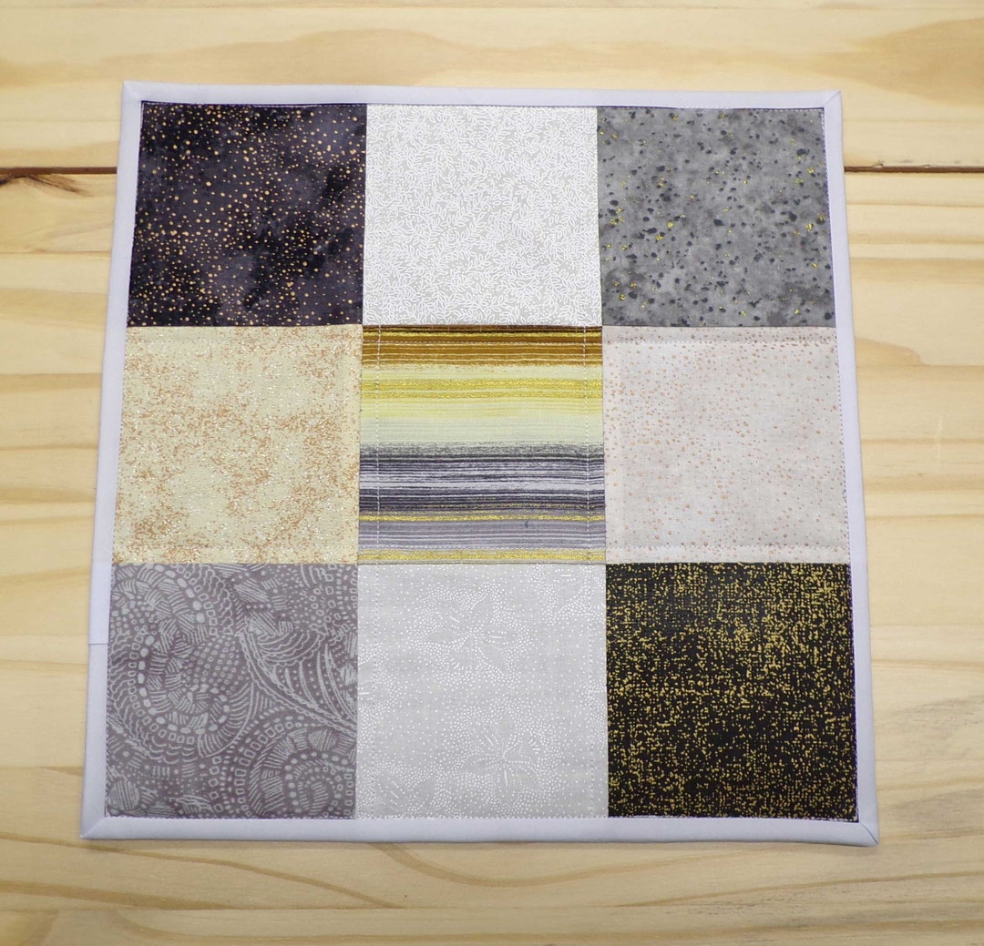 Scrappy Patchwork Table Topper, Black & Gold Centerpiece, 11x11 Table ...