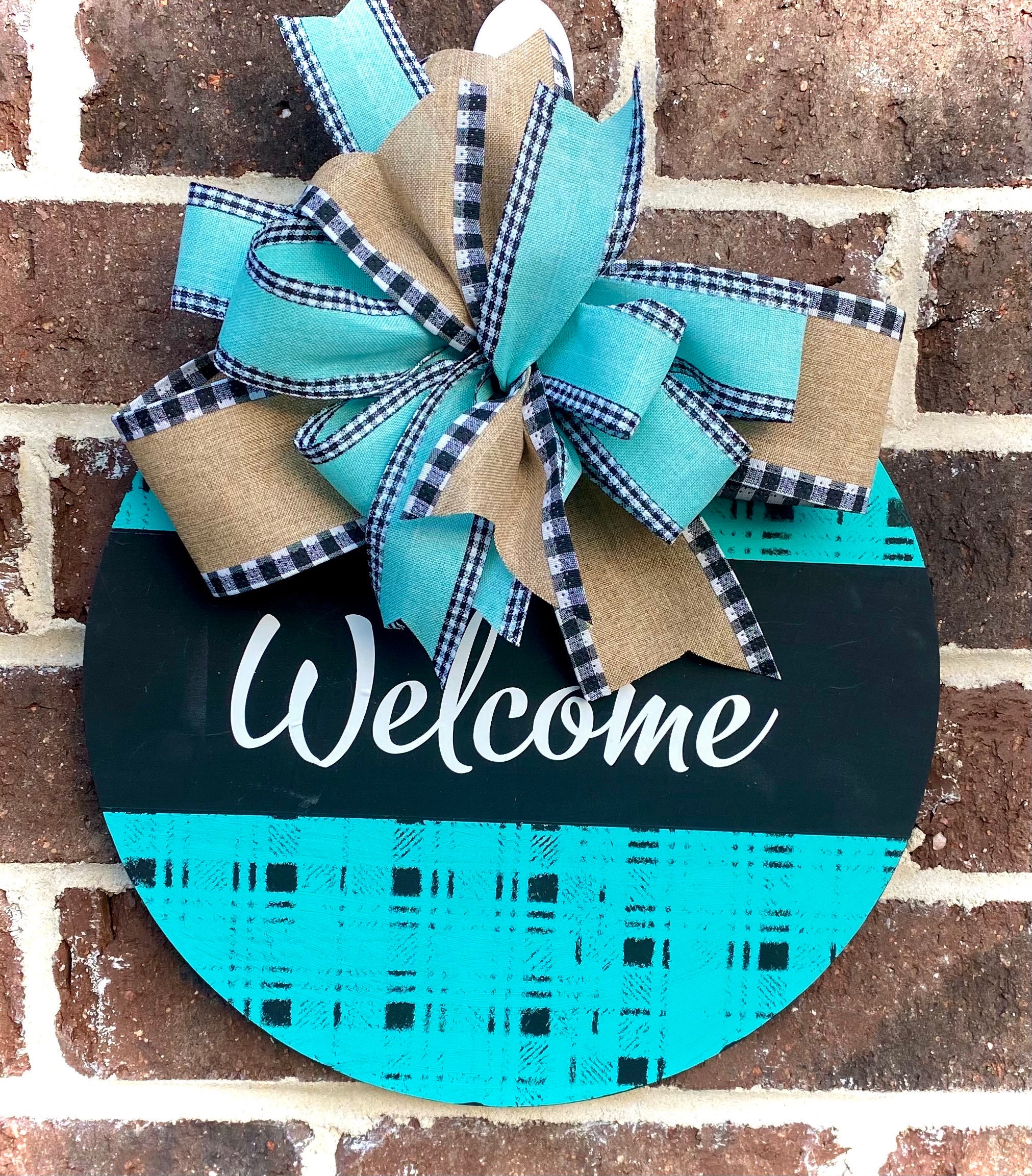 Teal Black Plaid Welcome Sign Could Use as Front Door Hanger - Etsy