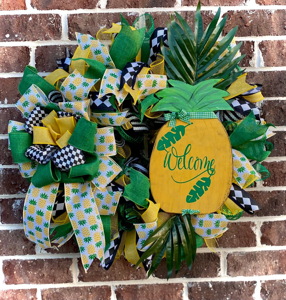Yellow Green Pineapple Welcome Wreath for Front Door Gift for Birthday ...
