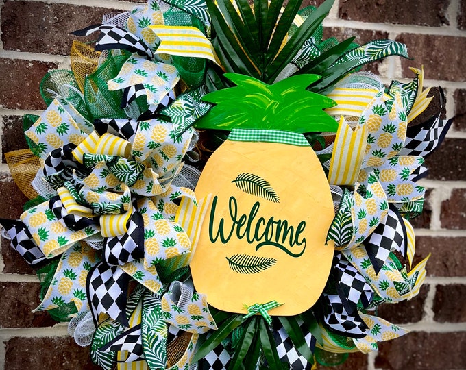 Yellow Green Pineapple Welcome Wreath for Front Door Gift for Birthday ...