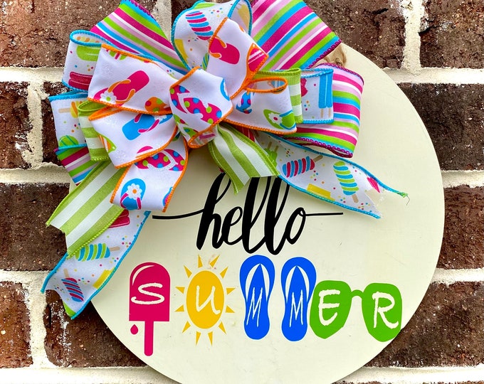Colorful Hello Summer Sign Door Hanger Wreath Sign Flip Flop Sunglasses ...