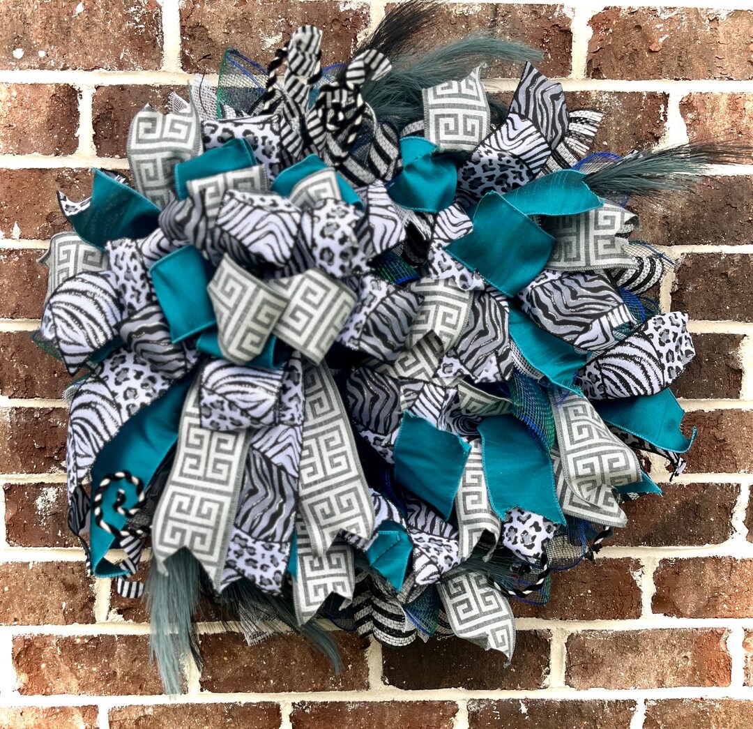 Zebra Leopard Print Black White and Teal Wreath for Front Door Year ...