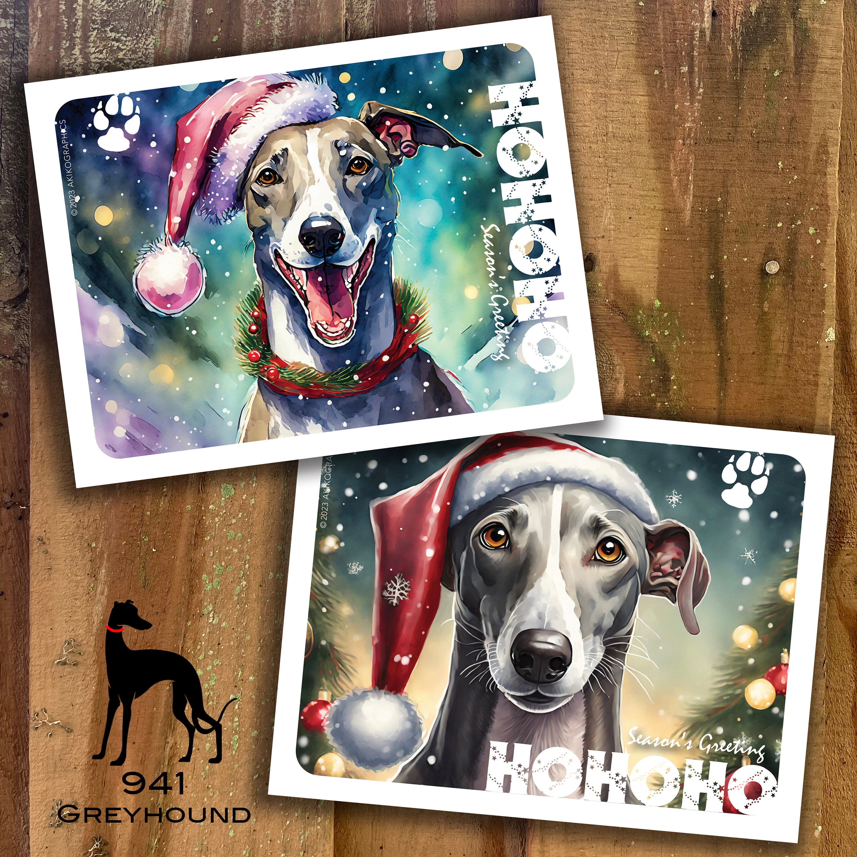 Greyhound Holiday Card, Christmas, Greyhounds, Blank Card, HOHOHO Set ...