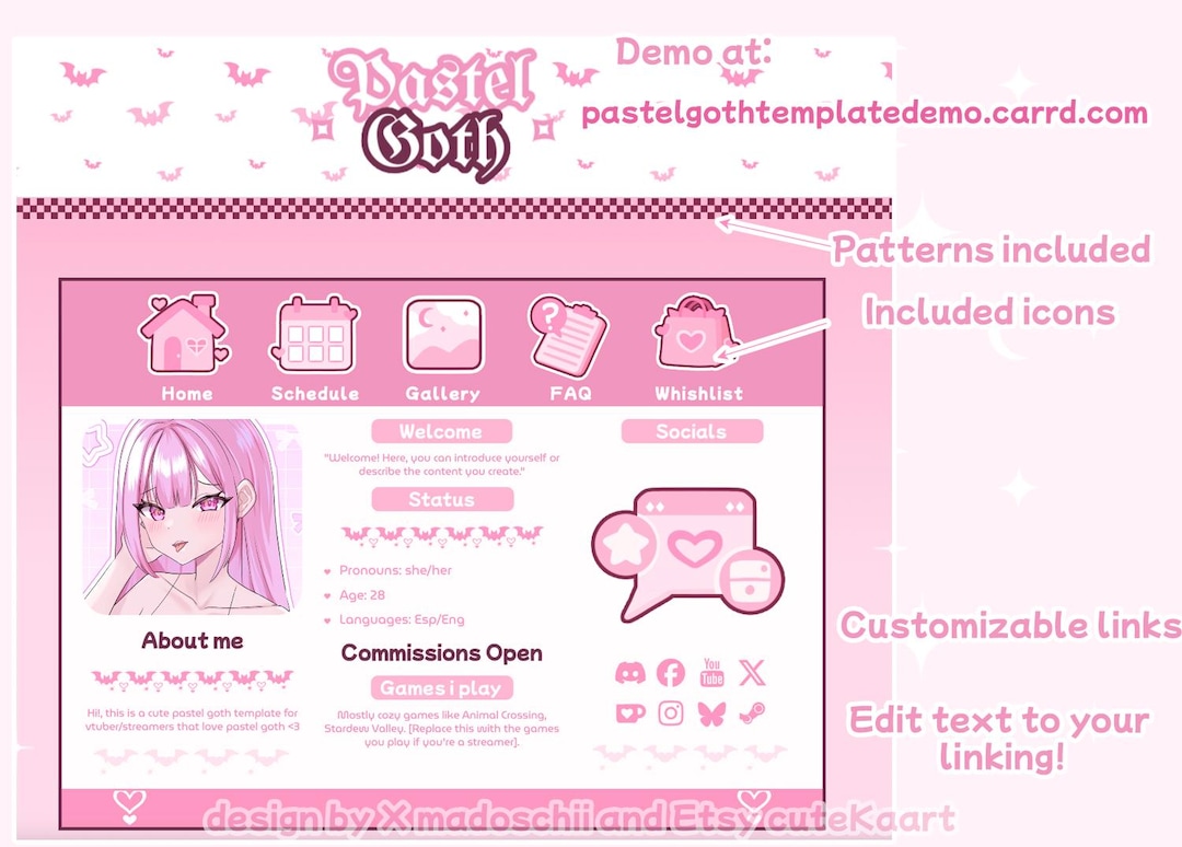 Pink Pastel Goth Carrd Template for Vtubers & Streamers | Customizable Website Template ...