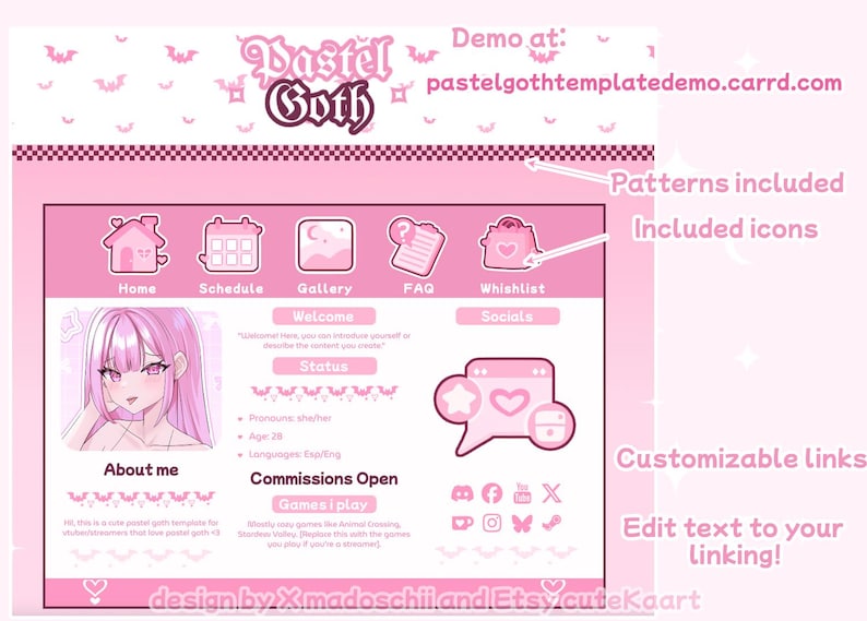 Pink Pastel Goth Carrd Template for Vtubers & Streamers | Customizable ...