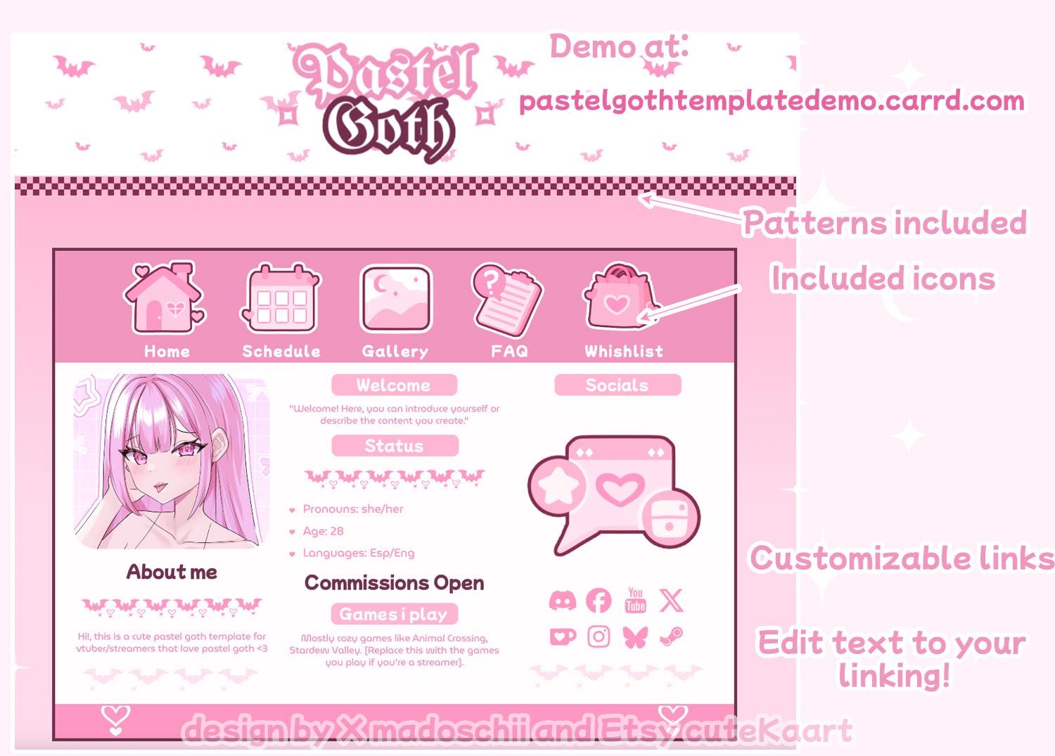Pink Pastel Goth Carrd Template for Vtubers & Streamers | Customizable ...