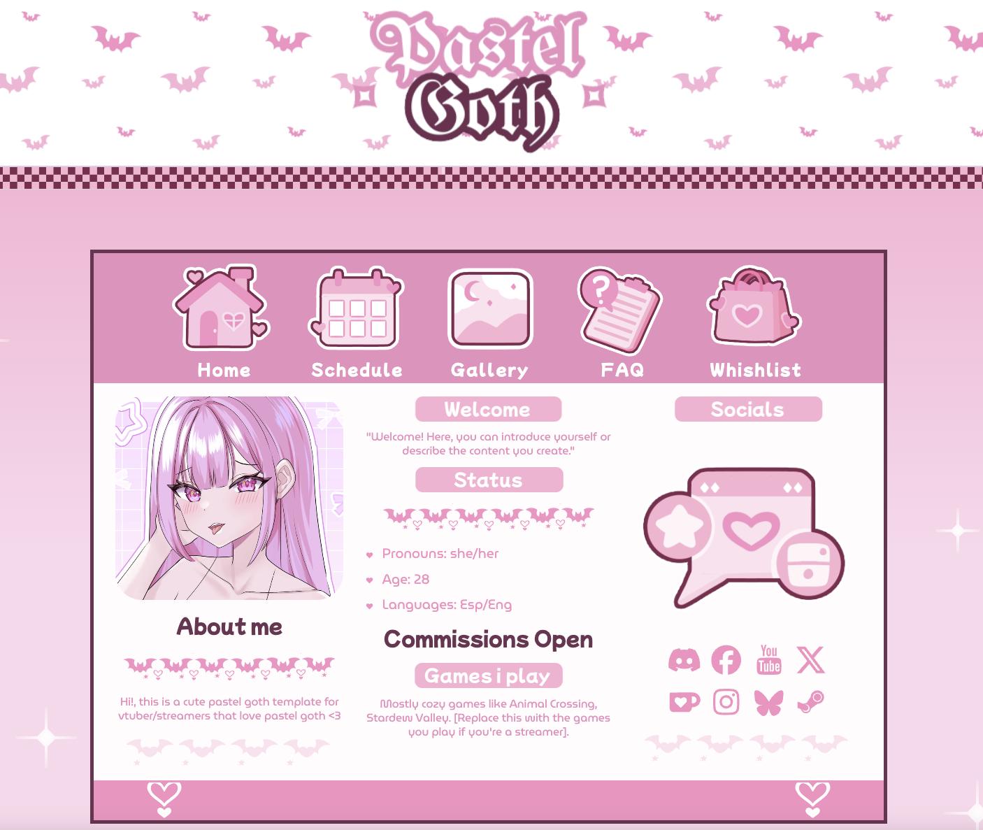 Pink Pastel Goth Carrd Template for Vtubers & Streamers | Customizable ...