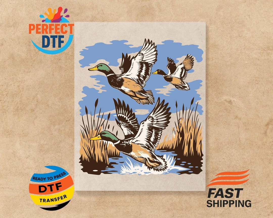 Flying Mallard Ducks DTF Transfer: Vintage Waterfowl Hunting Ready to ...