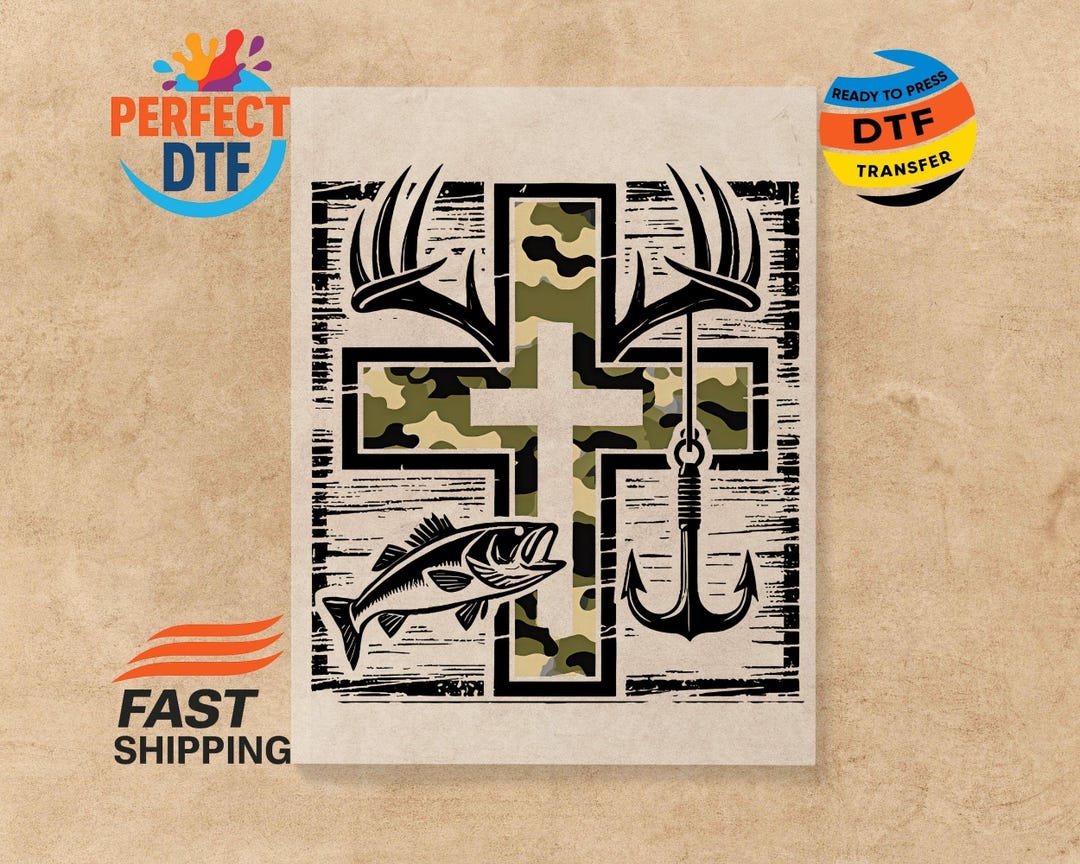 Camo Cross DTF Transfer: Hunting Fishing Design, Ready to Press, Iron ...