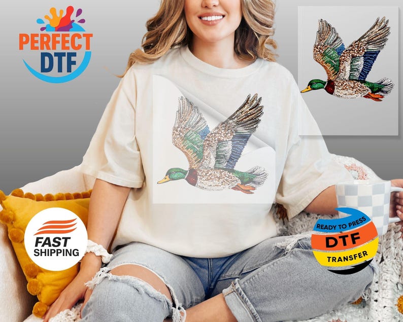 Faux Rhinestone Mallard Duck Flying DTF Heat Transfer: Hunting Season ...