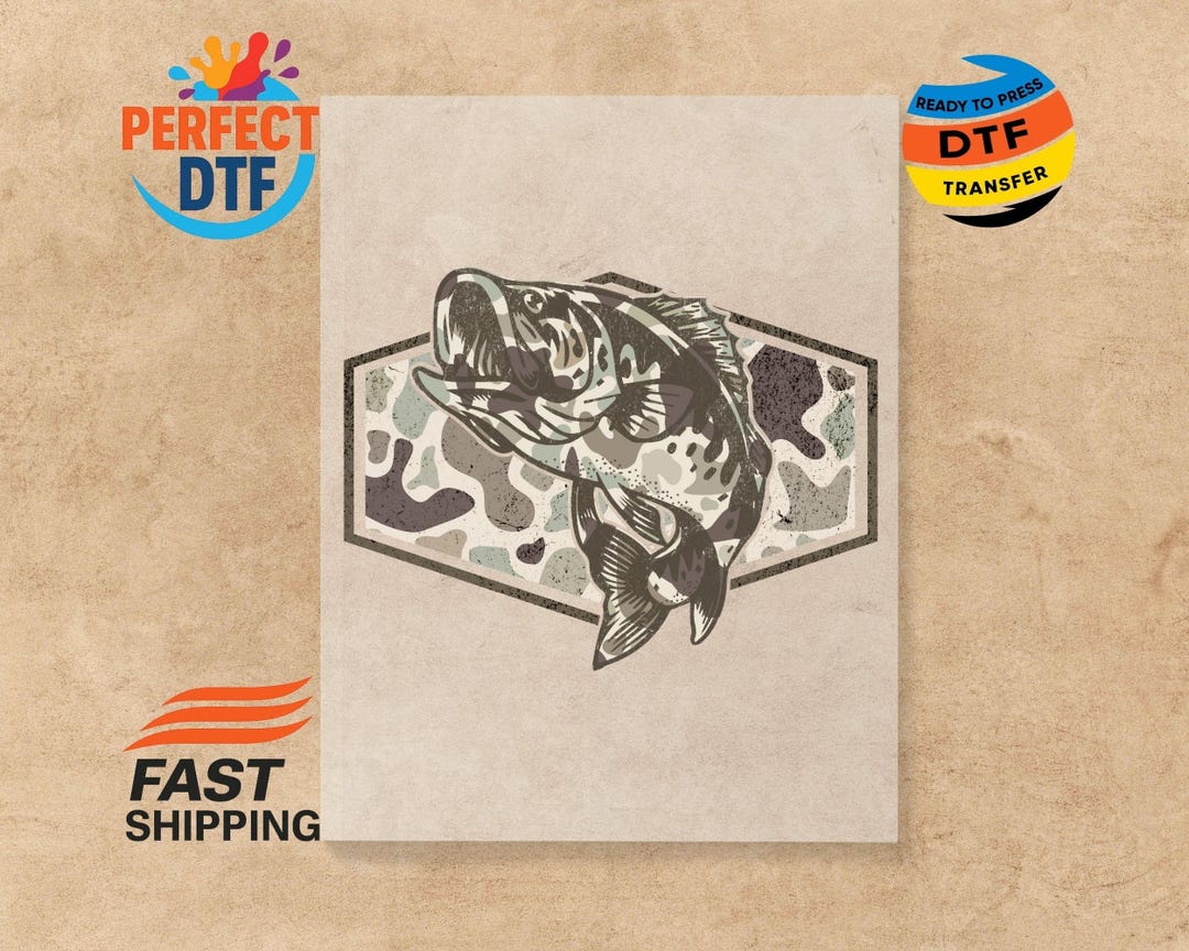 Camo Bass Fish DTF Transfer Hunting T-shirt Iron on Decal Ready for ...