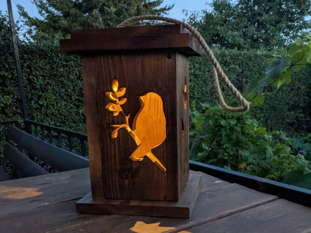 Lantern WOOD Garden Lantern Wooden Solar Lantern With Birds Motif - Etsy