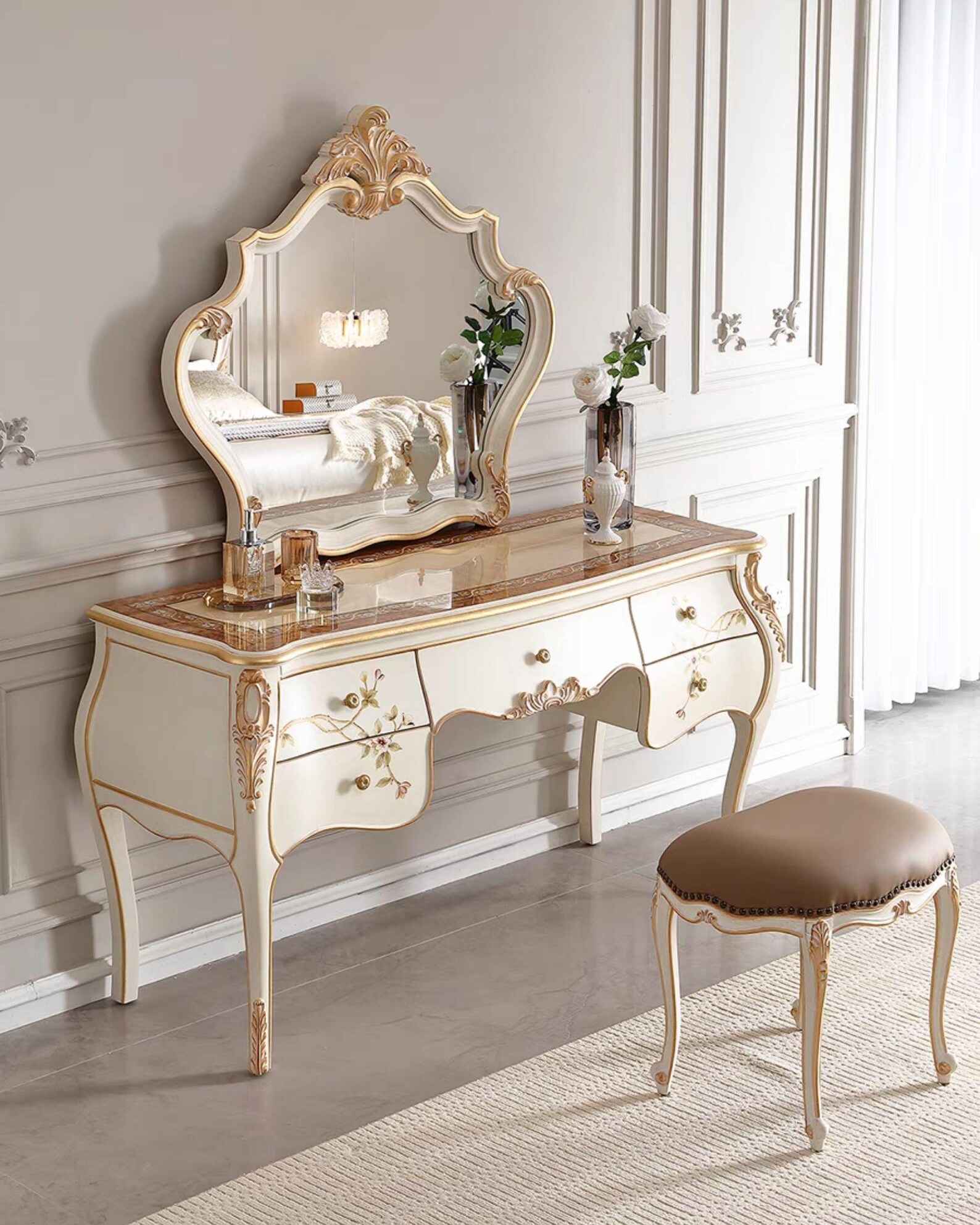 Handcrafted French Neoclassical Vanity Table With Mirror, Floral ...