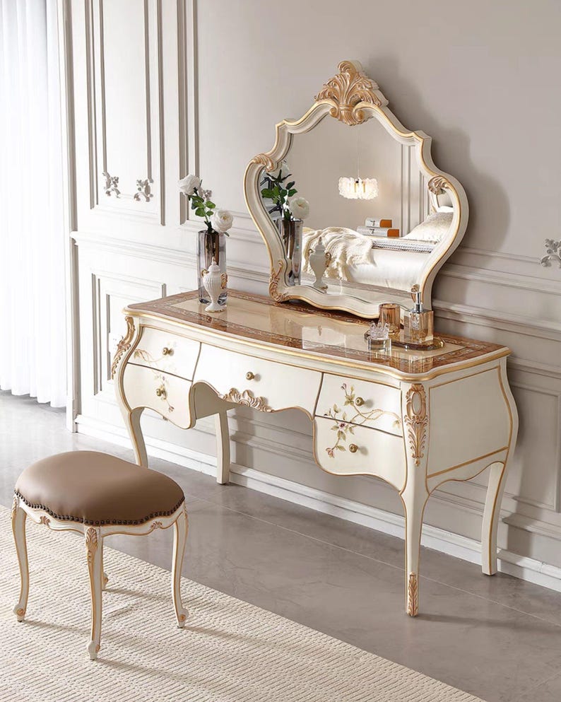 Handcrafted French Neoclassical Vanity Table With Mirror, Floral ...