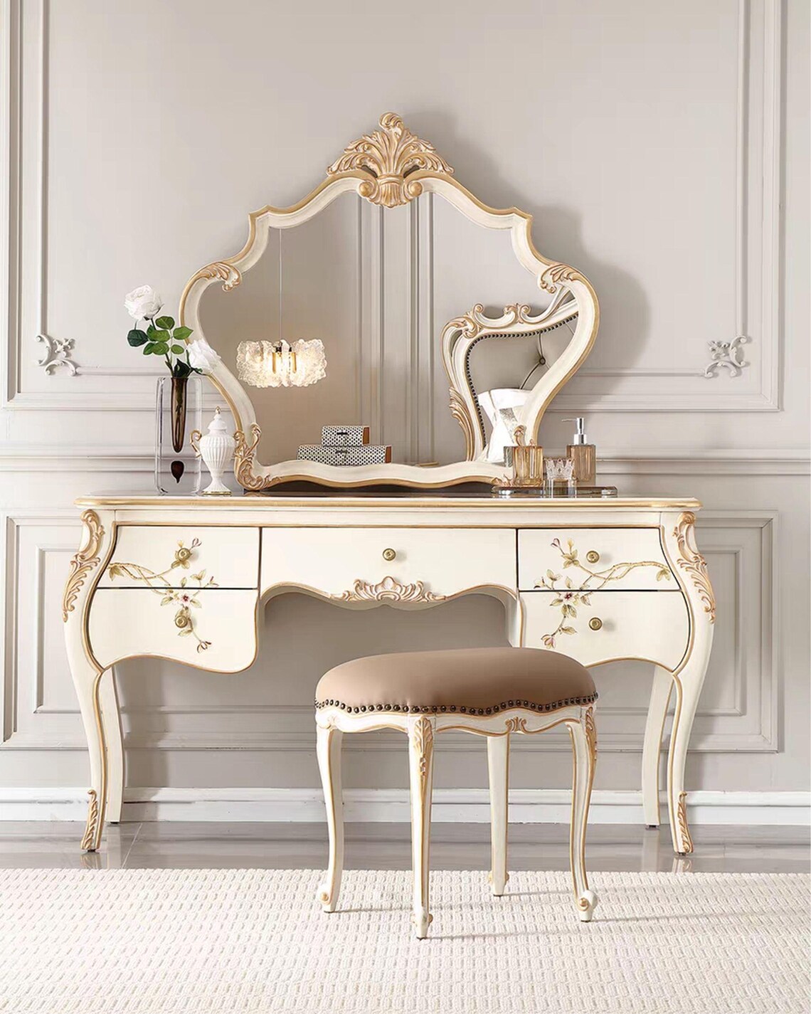 Handcrafted French Neoclassical Vanity Table With Mirror, Floral ...