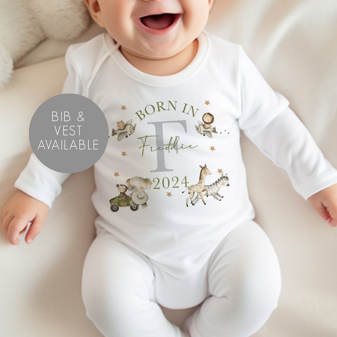 Personalised Born in 2025 Baby Vest - Safari Baby Sleepsuit ...