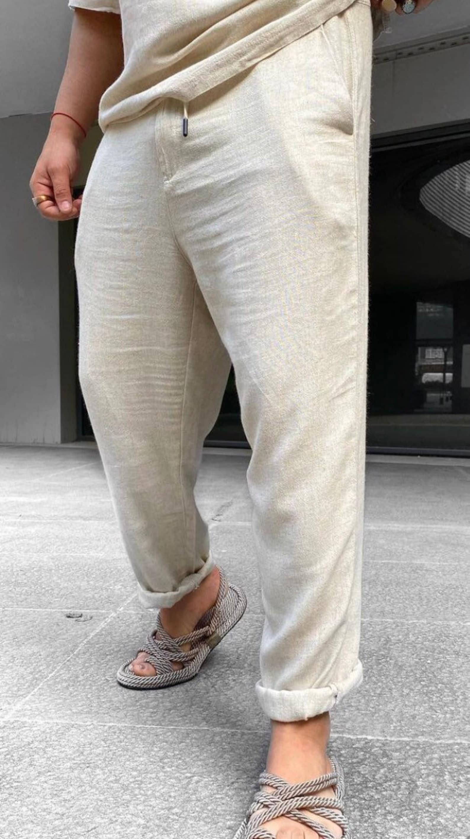 Mannen linnen broek crème linnen joggers mannen broek baggy | Etsy