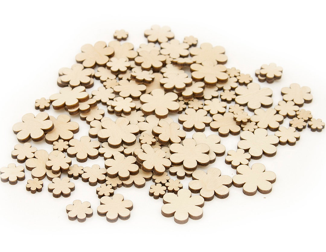 100x Wooden Flowers Mix (1 to 2,5cm), Flower Shapes Unpainted Blank ...