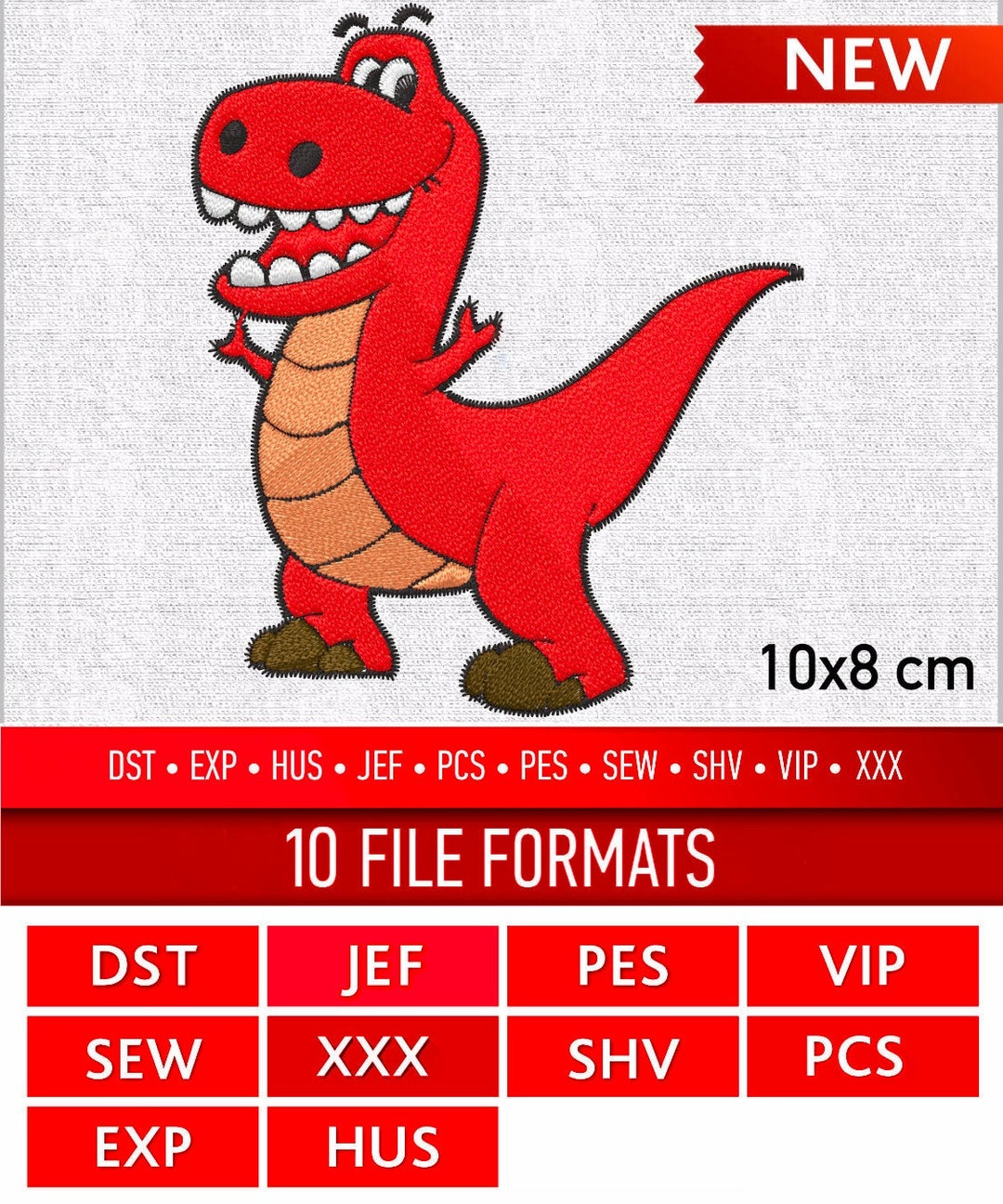 T-rex Cute Dinosaur EMBROIDERY FILE .dst .exp .hus .jef .pcs .pes .sew ...