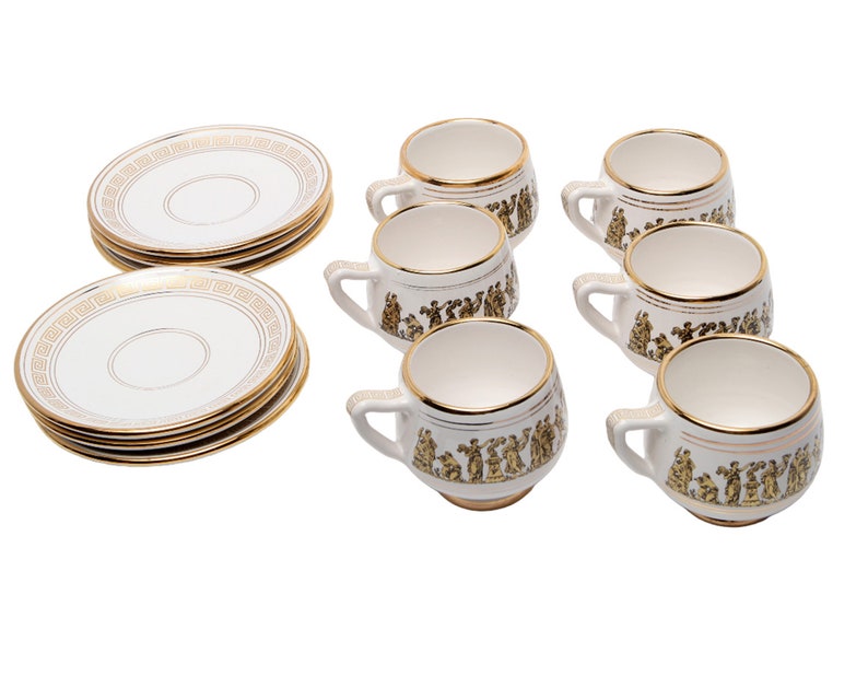 Vintage Greek Arguros 24K Gold Ceramic Tea Cup & Saucer Coffee Handmade ...