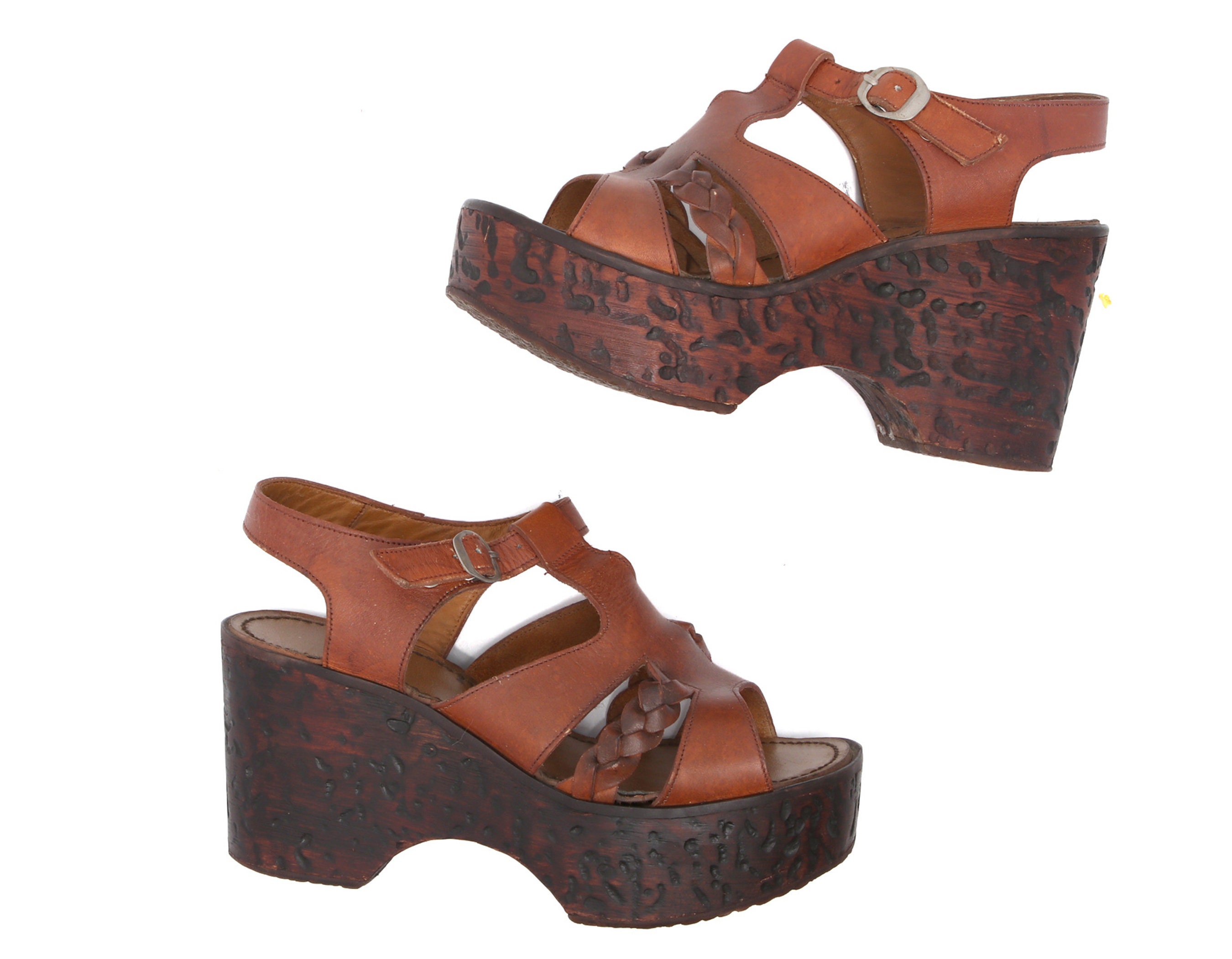 Vintage Wood Platform 70s Leather Sandals Strappy Buckle Made - Etsy