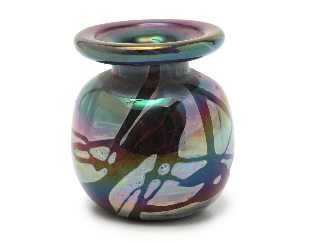 Vintage Edward Roman Hand Blown Glass Mini Vase Iridescent Signed ...