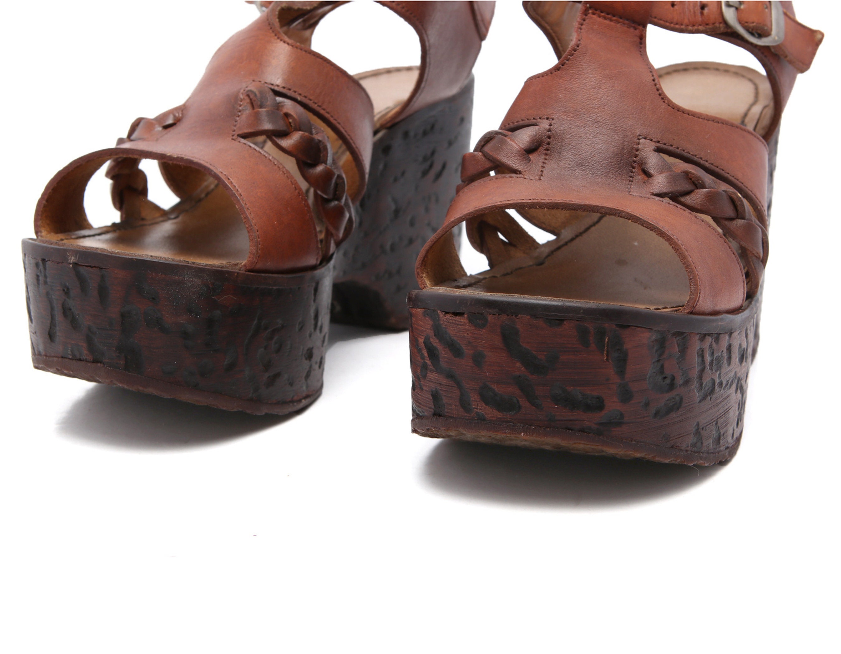 Vintage Wood Platform 70s Leather Sandals Strappy Buckle Made in Chile Brown - Etsy