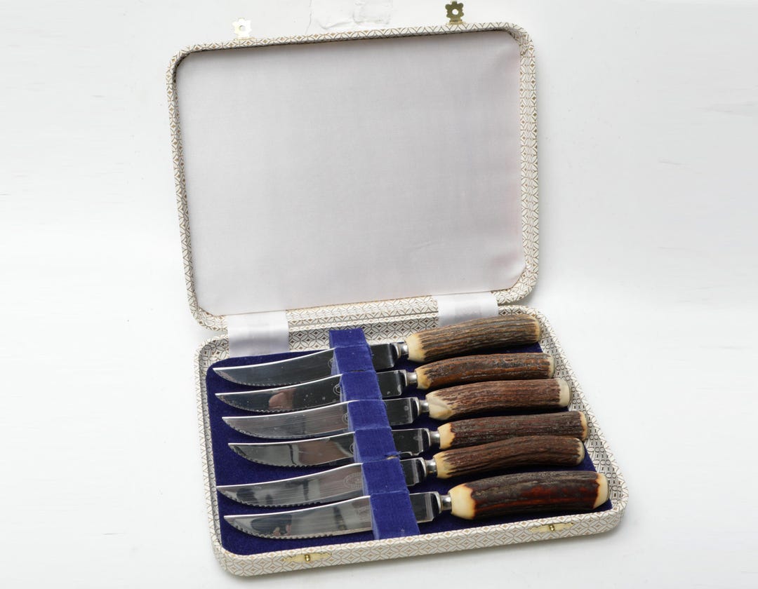 Vintage Atkinson Bros. 6 Antler Stag Horn Steak Knives Stainless Steel ...