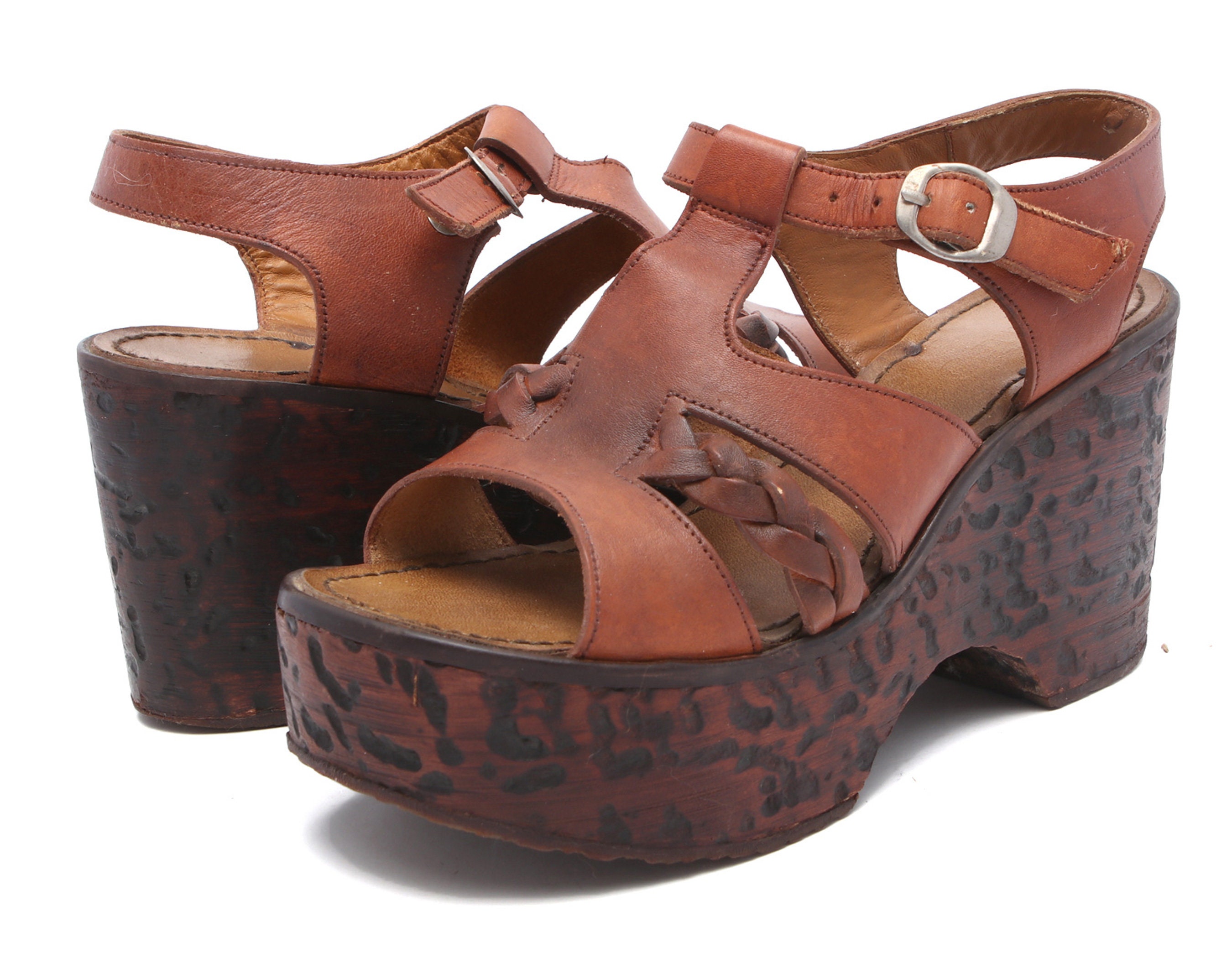 Vintage Wood Platform 70s Leather Sandals Strappy Buckle Made in Chile Brown - Etsy