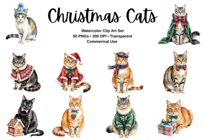 Christmas Cats Clipart PNG Bundle – 50 Holiday Cat Graphics for ...