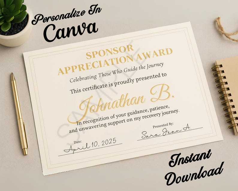 Sponsor Appreciation Award Certificate Printable – Recovery Sponsor ...