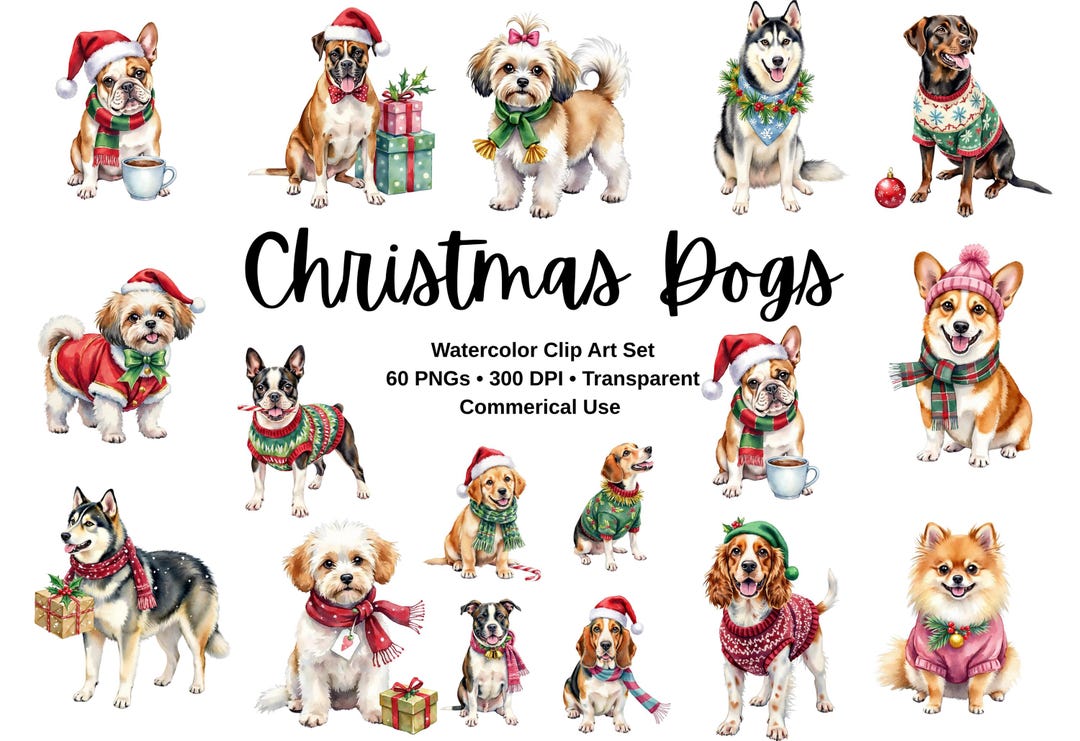 Christmas Dogs Clipart PNG Bundle – 60 Holiday Dog Graphics for ...