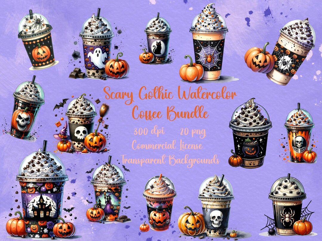 Halloween Coffee Clipart Set, Scary Gothic Watercolor Hot Coffee Drink ...