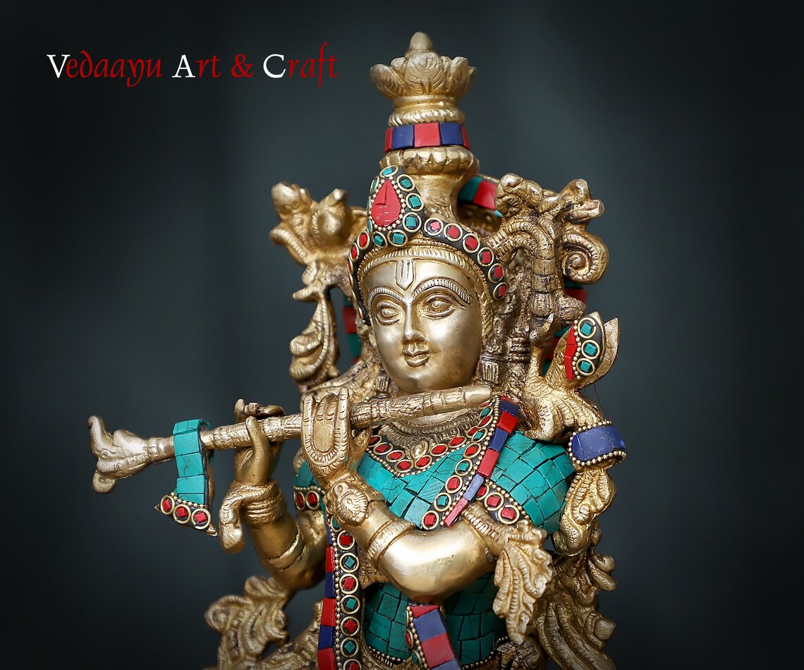 Krishna Statue Brass Hindu God Flute Kirshan Sculpture Figurine Figure ...