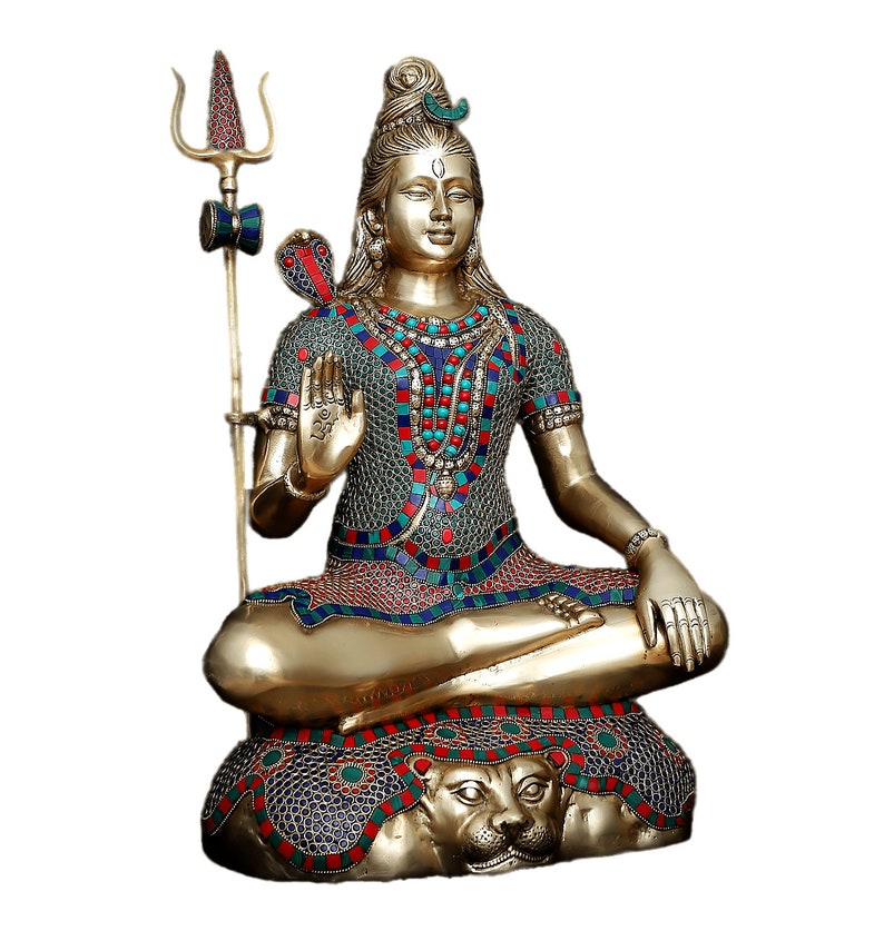 Large Shiva Statue Brass With Stonework, Brass Lord Shiva Idol Large ...