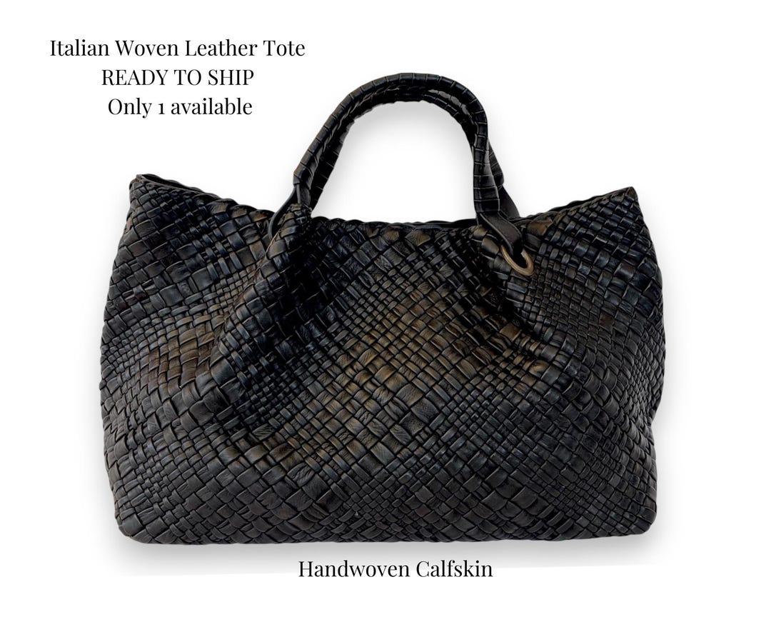 Italian Handwoven Tubular Leather Tote – Black Soft Calfskin Shopper - Etsy