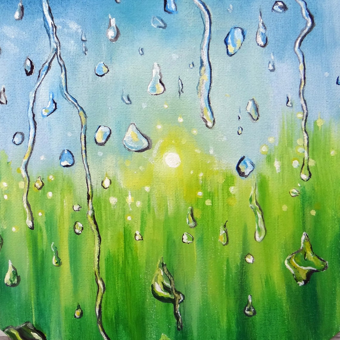 Raindrops Painting Original Art Sunrise Rainy Painting | Etsy