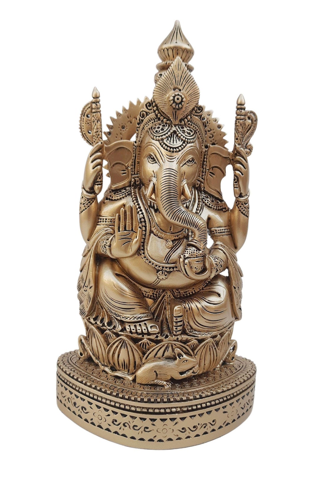Antique Golden Lord Ganesha Statue 10 Inch, Wooden Ganpati Idol, Super ...