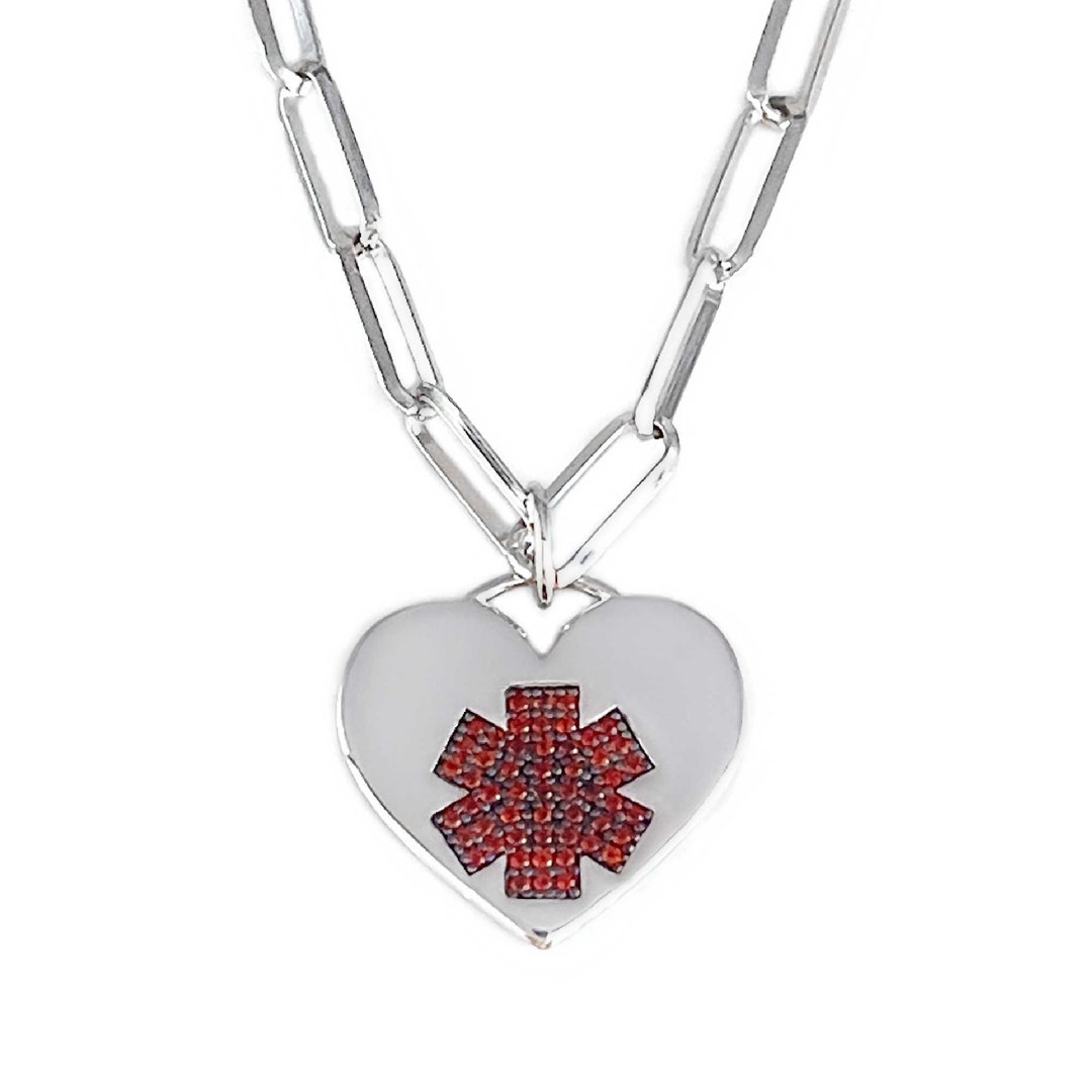 Heart Medical ID Necklace, Sterling Silver & Garnet Medical Alert Charm ...